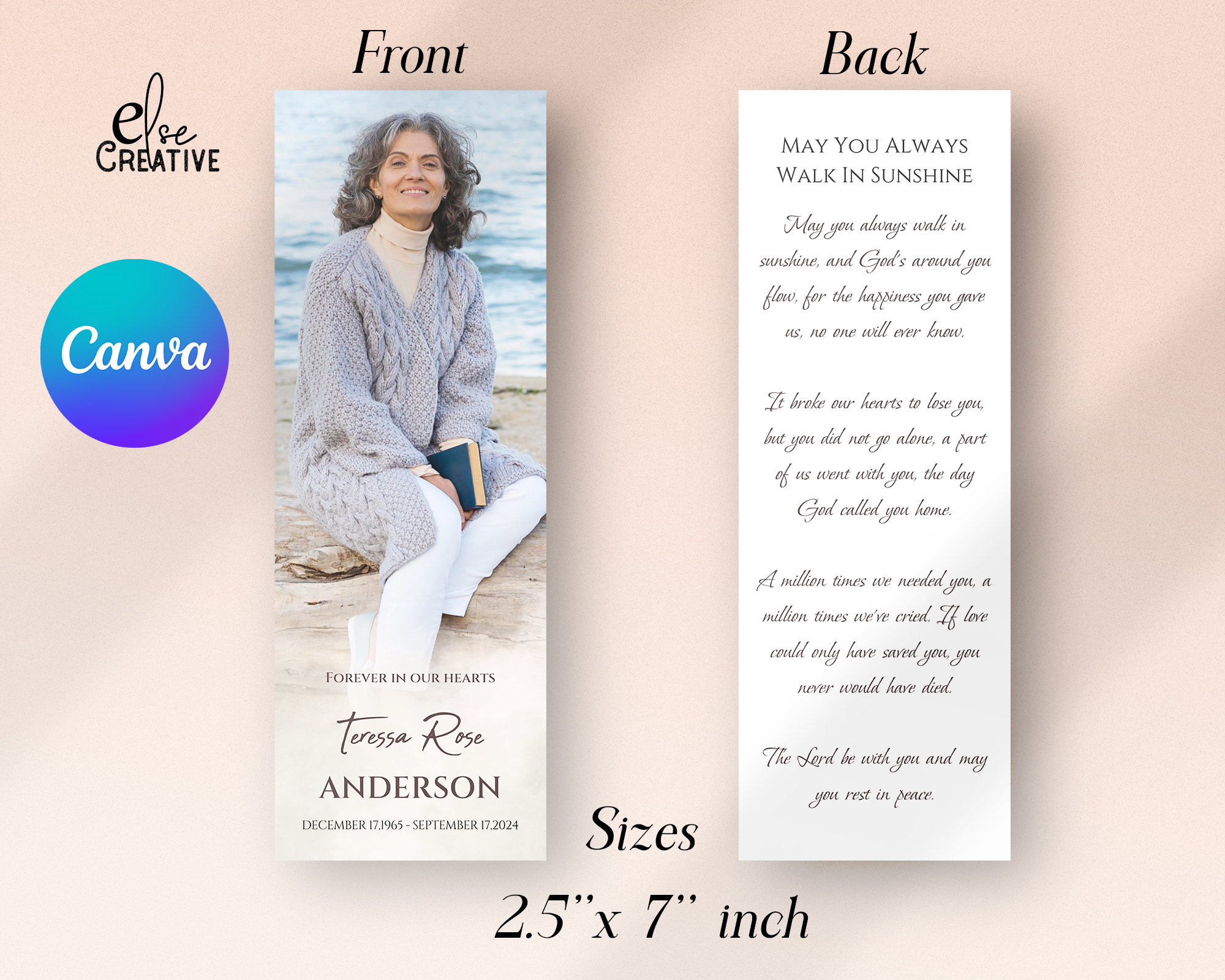 Memorial Bookmark Template: Modern Photo, Canva Editable (PDF) - Etsy