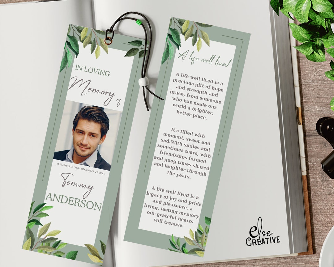 Greenery Leaves Funeral Bookmark Template: Memorial Keepsake (digital ...