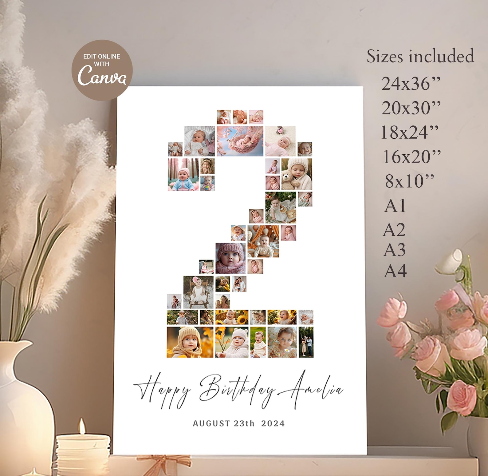 Birthday Number 2 Photo Collage, Birthday Gift, Second Birthday Photo 2 ...