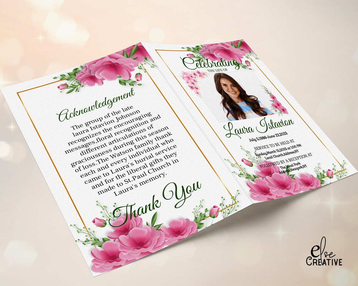 Pink Flowers Funeral Program,funeral Template,memorial Program,obituary ...