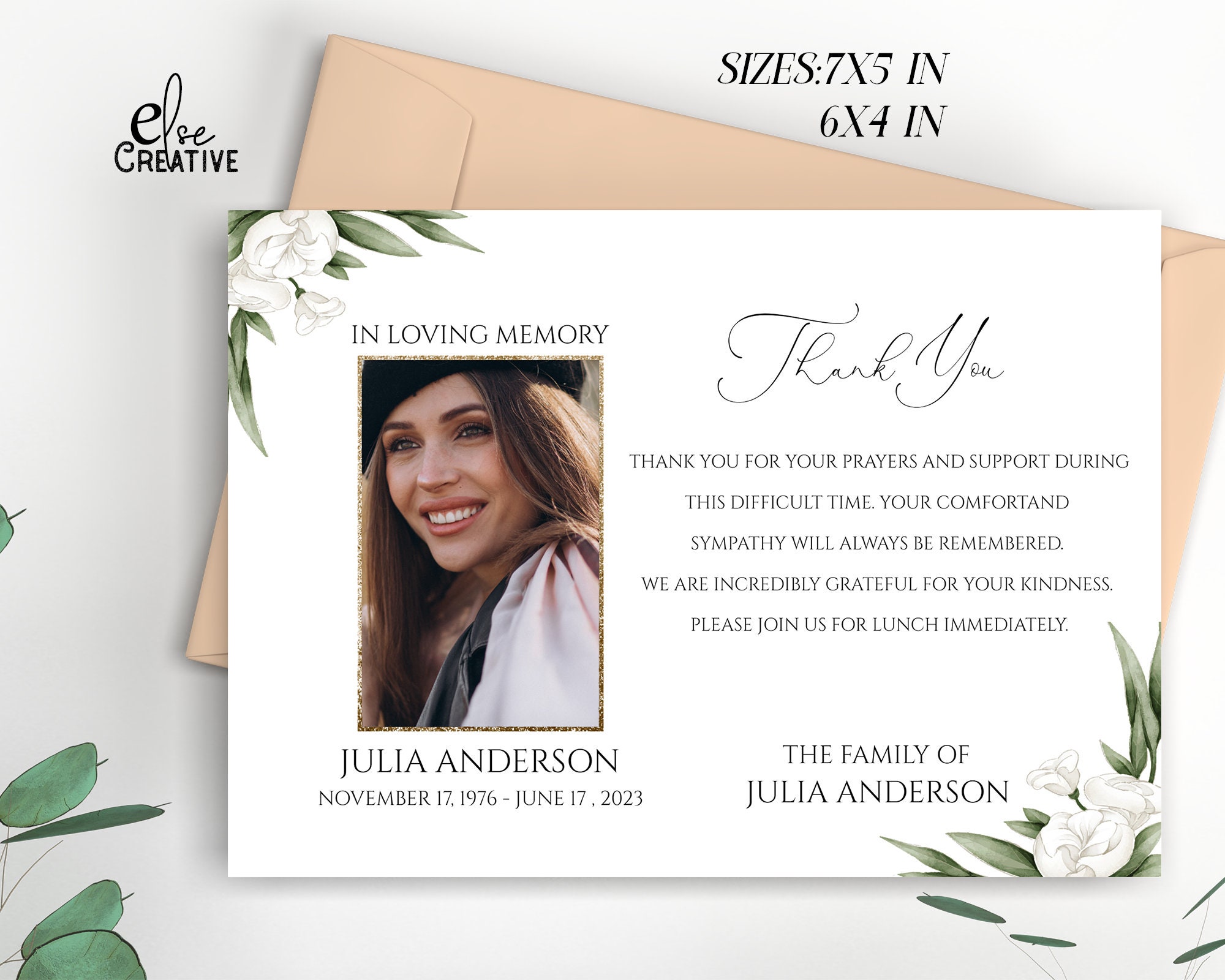 Funeral Thank You Card, Editable Memorial Card, Sympathy Card, Funeral ...