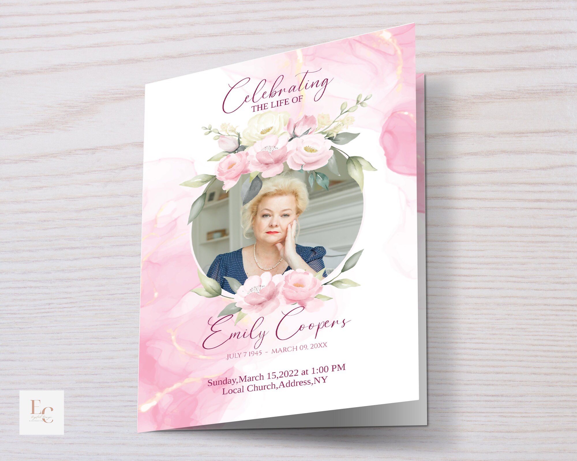 Obituary Template, Pink Roses Funeral Program Template: Editable ...