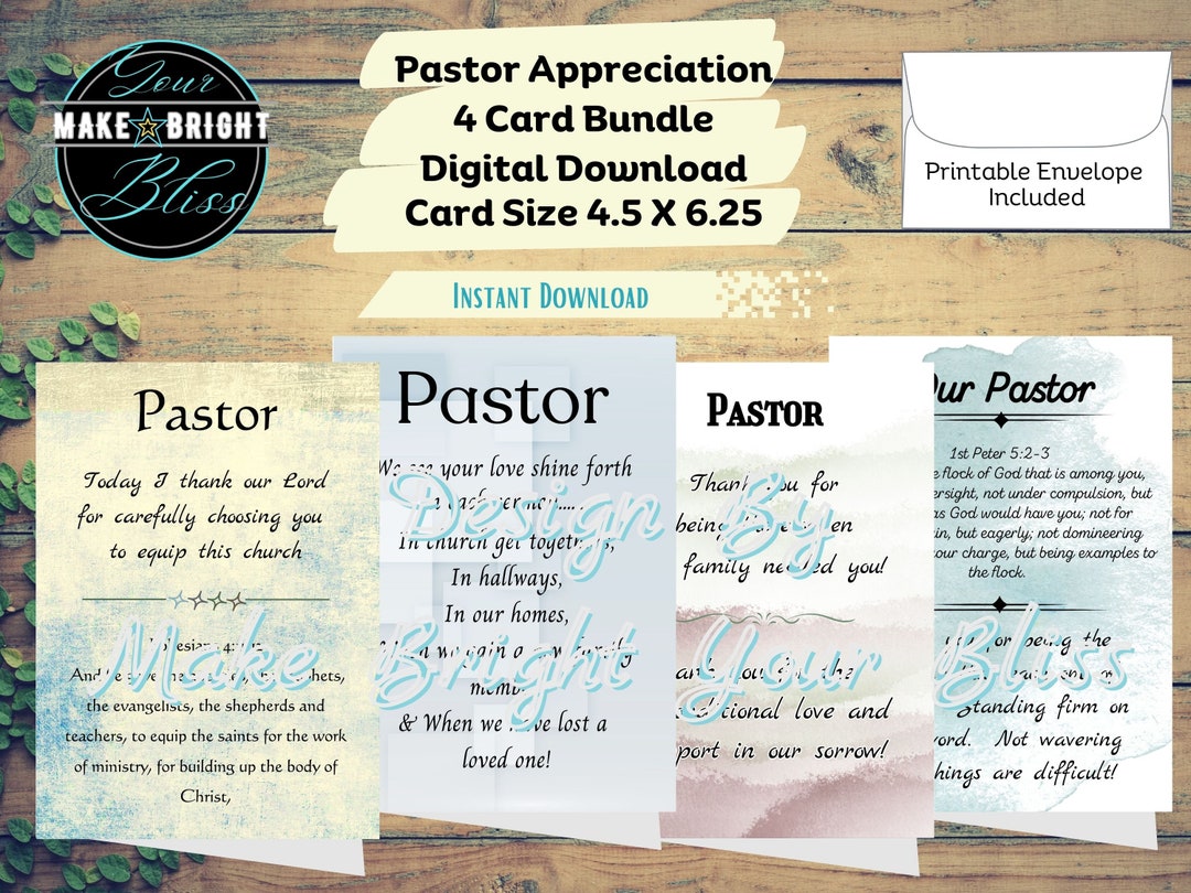 Set of 4 Pastor Appreciation Card Bundle Pastor Thank You Card Set ...