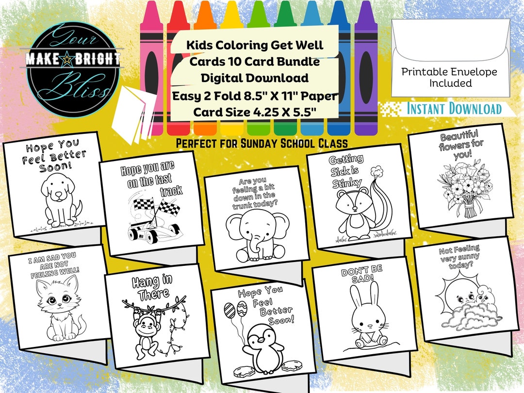 10 Card Bundle Kids Get Well Coloring Card Sunday School Coloring Cards ...