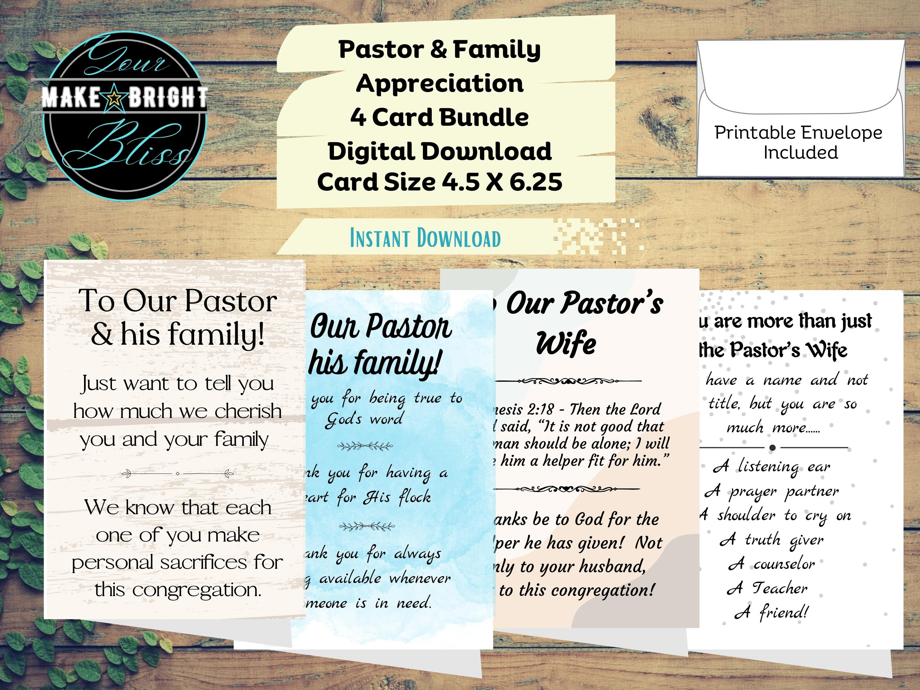 4 Card Bundle Pastor and Family Appreciation Cards, Pastor's Wife Cards ...