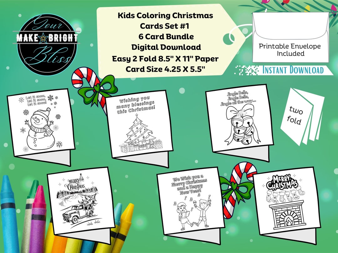 Kids Christmas Coloring Cards 6 Pack Bundle 2 Fold Easy Layout for ...