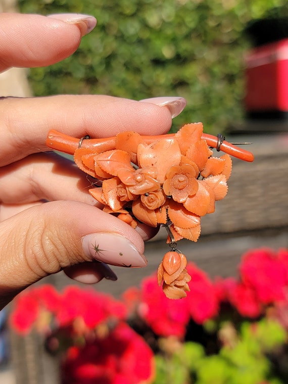 Victorian Carved Coral Floral Bouquet Brooch - Gem