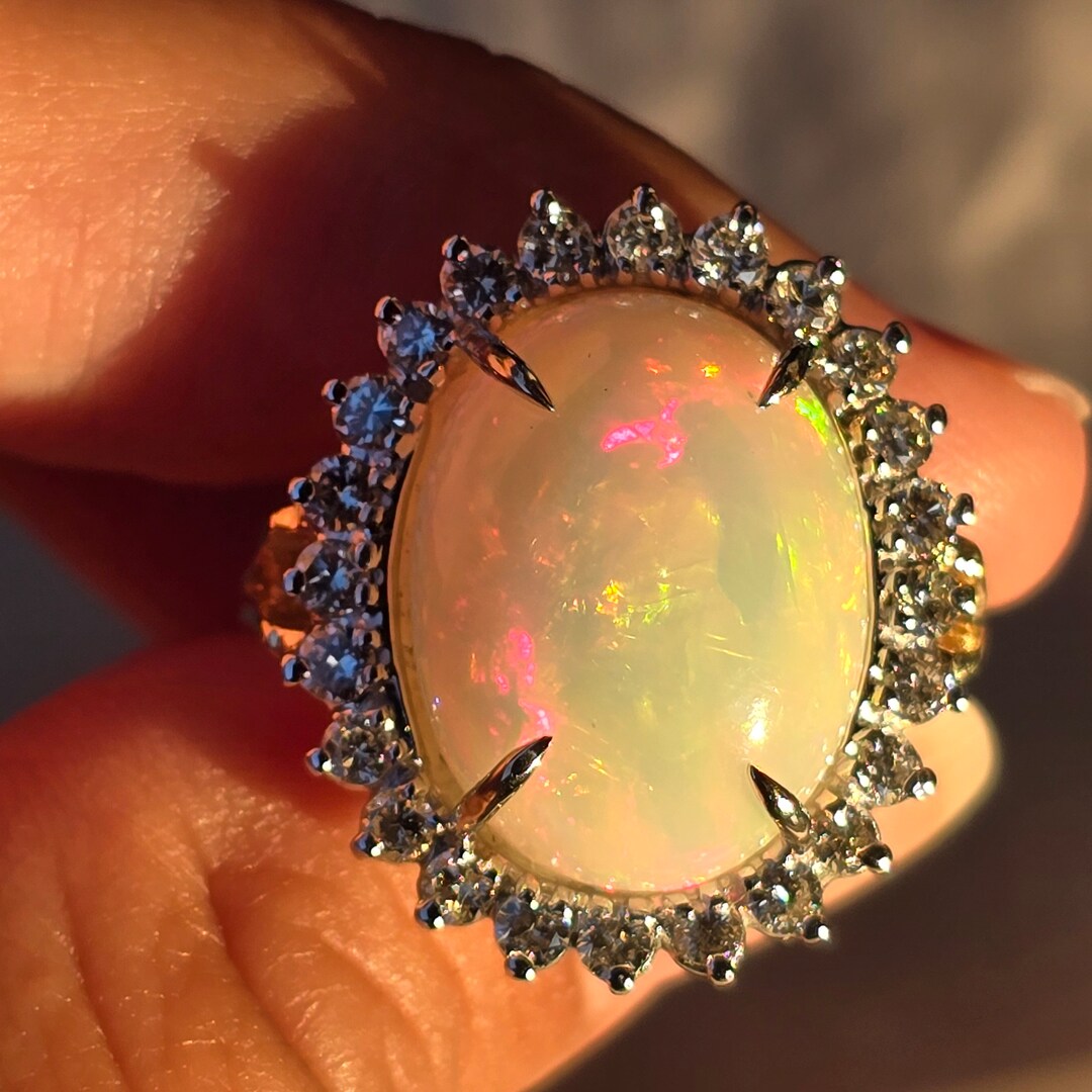14k Gold Opal Ring With Diamond Halo - Etsy