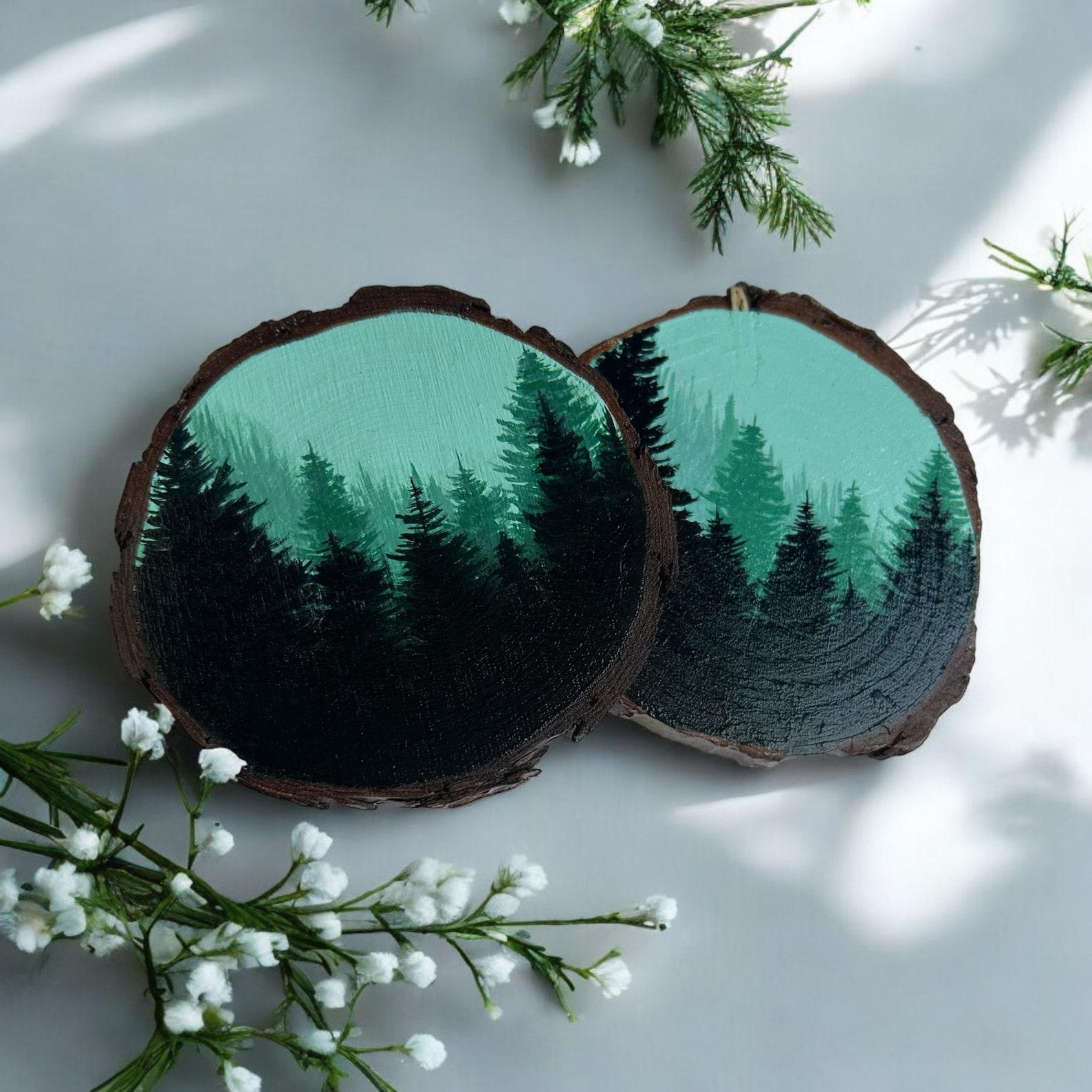 Set of 4 Misty Forest Coasters, Hand Painted, Wood, Blue, Dark Academia ...