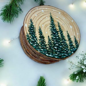 Set of 4 Coasters, Snowy Pine Tree, Hand Painted, Wood, Cottage Core ...