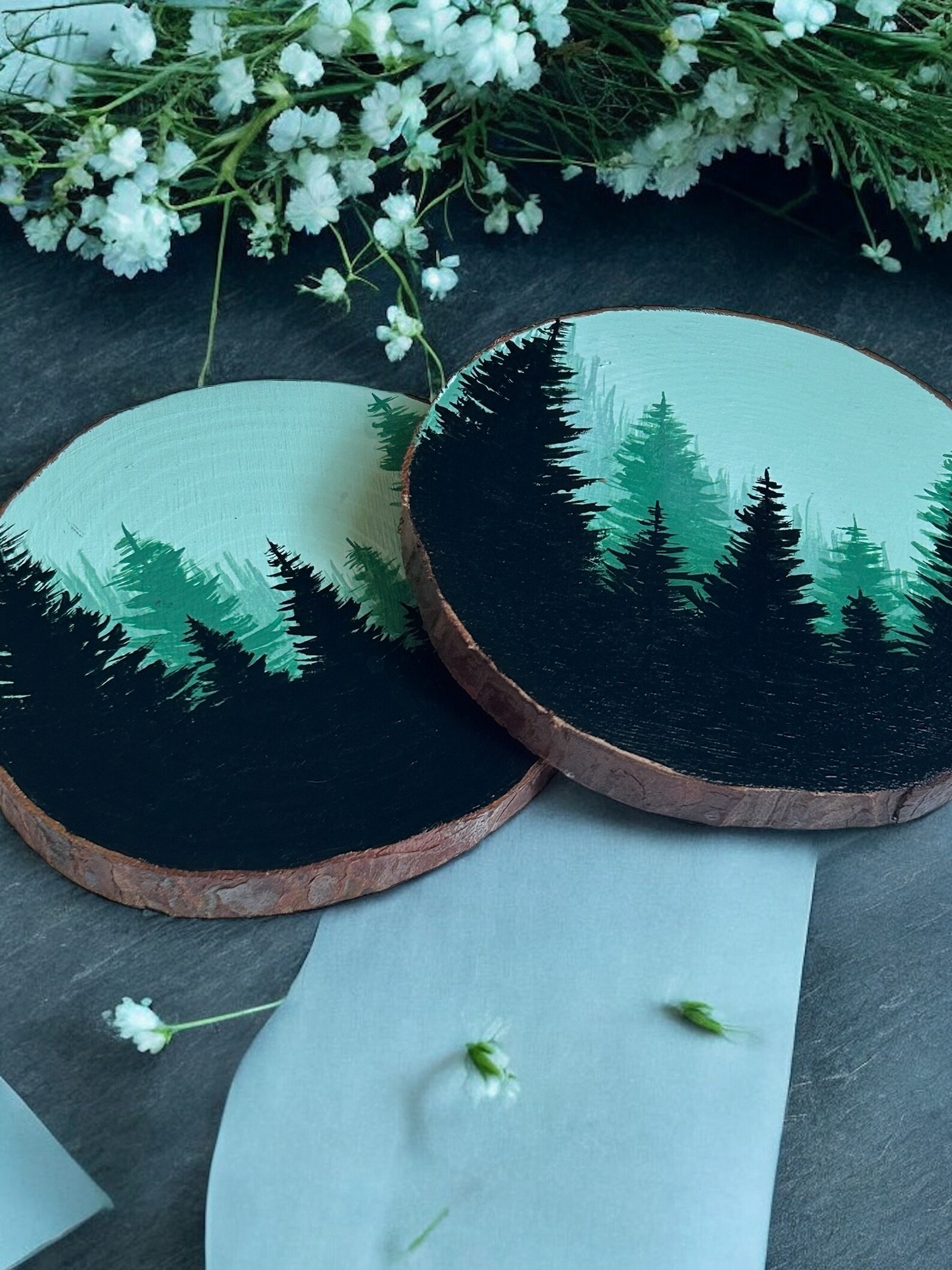 Set of 4 Misty Forest Coasters, Hand Painted, Wood, Blue, Dark Academia ...