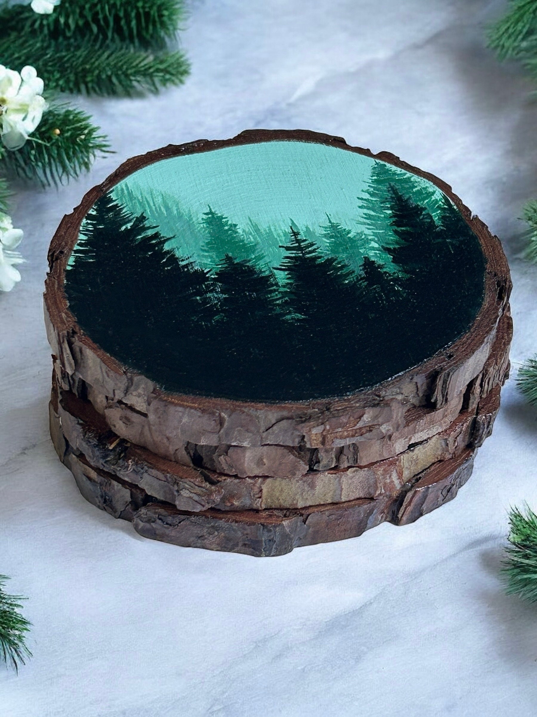Set of 4 Misty Forest Coasters, Hand Painted, Wood, Blue, Dark Academia ...