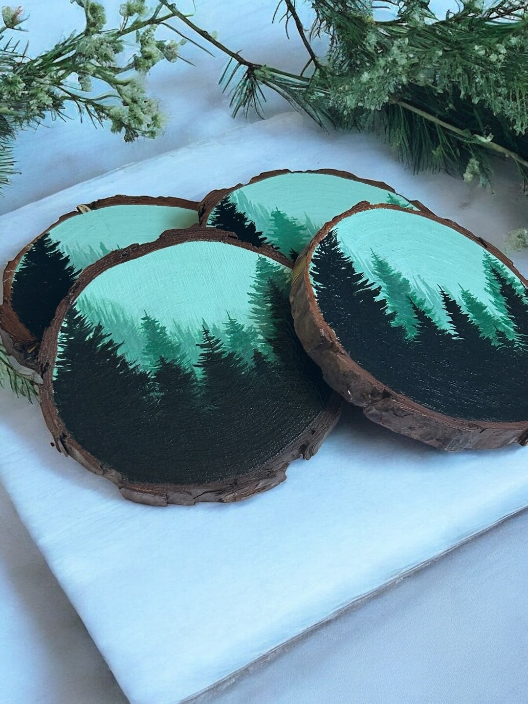 Set of 4 Misty Forest Coasters, Hand Painted, Wood, Blue, Dark Academia ...