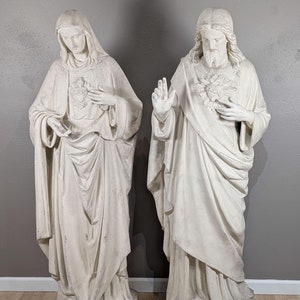 Pair of 61" Tall Belgian Antique Plaster Statues of Sacred Heart Mary ...