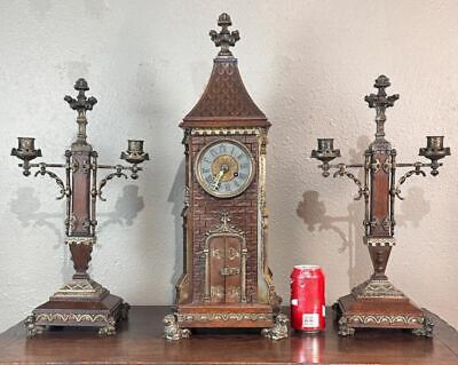 French Antique Bronze & Walnut Wood Gothic Revival Clock With ...