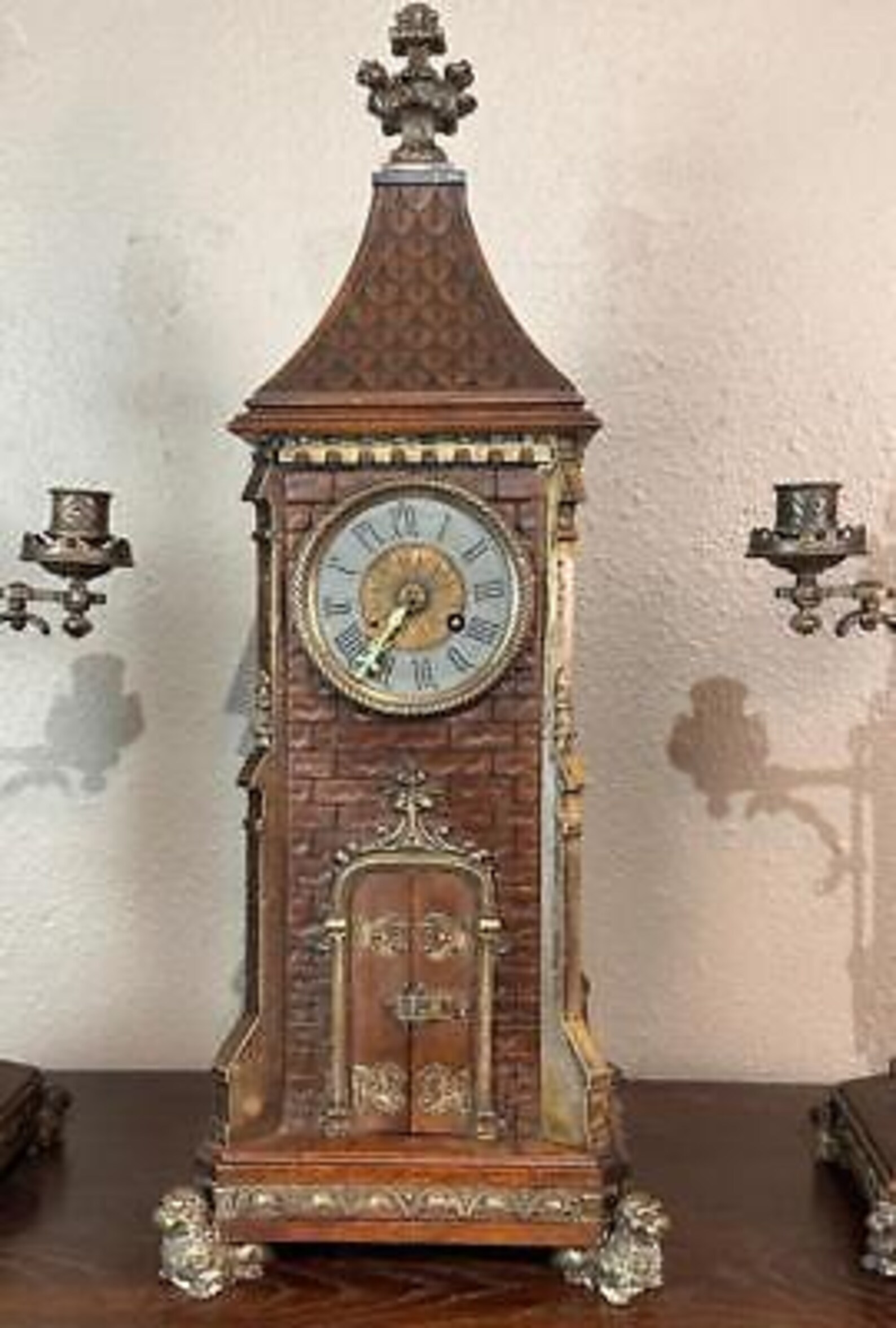 French Antique Bronze & Walnut Wood Gothic Revival Clock With ...