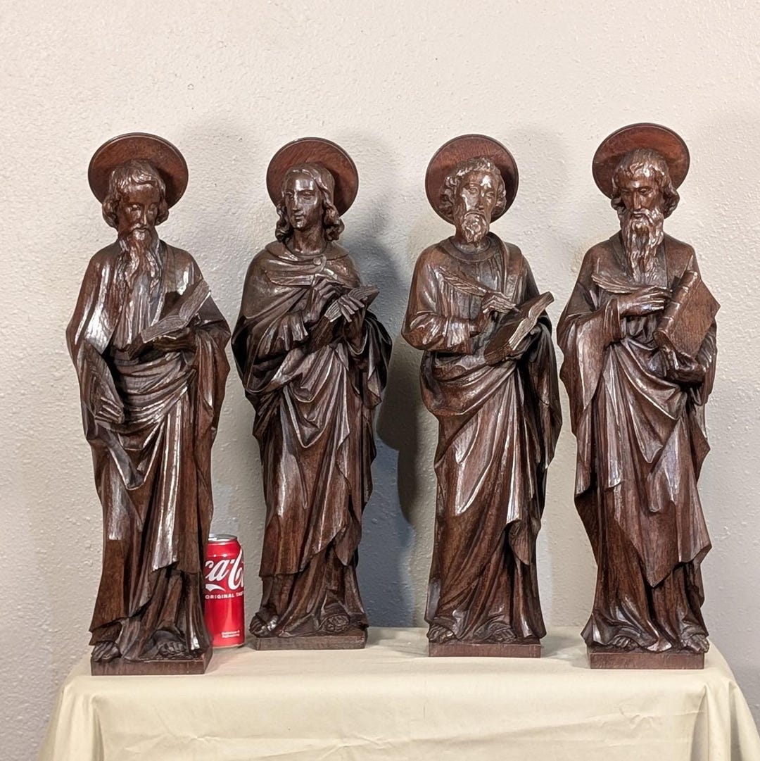 Set of Antique Hand Carved Oak Wood Statues of the Four Evangelists ...