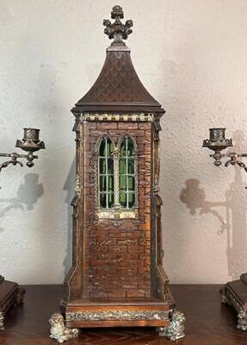 French Antique Bronze & Walnut Wood Gothic Revival Clock With ...