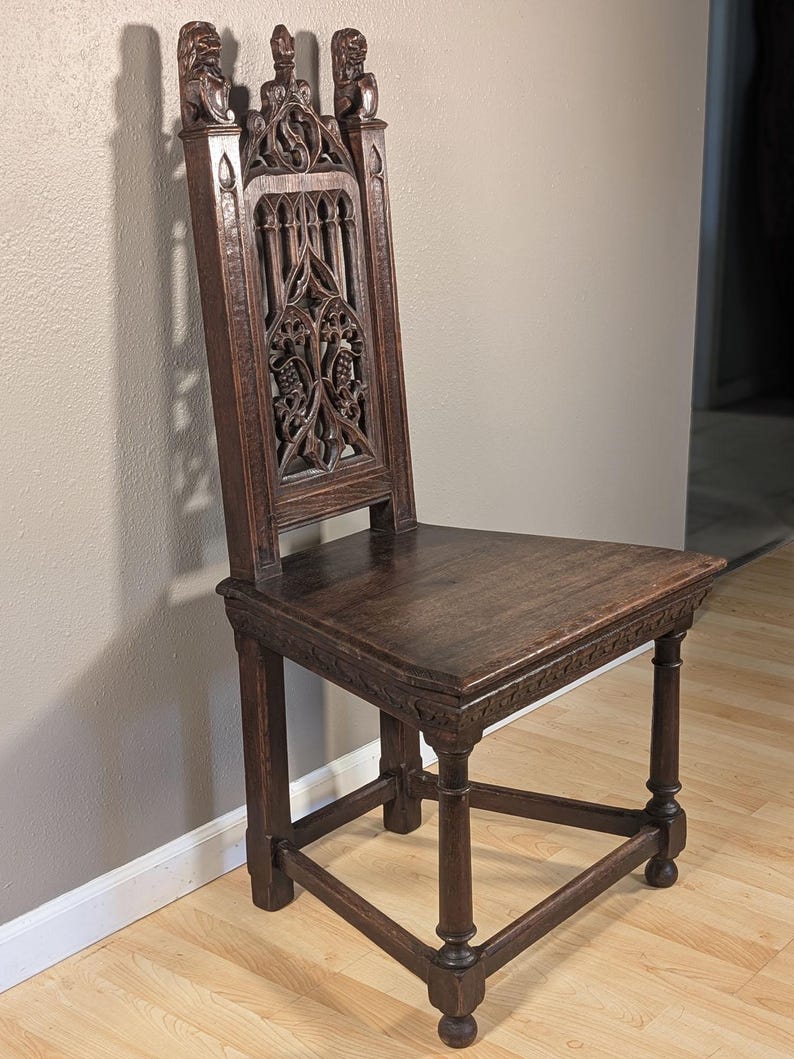 Antique Gothic Oak Chair Lion Finials Carved Grapevine Back Priest's ...