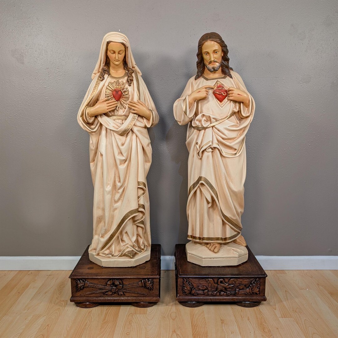 Antique Painted Plaster Catholic Statues Sacred Heart Jesus & Mary - Etsy