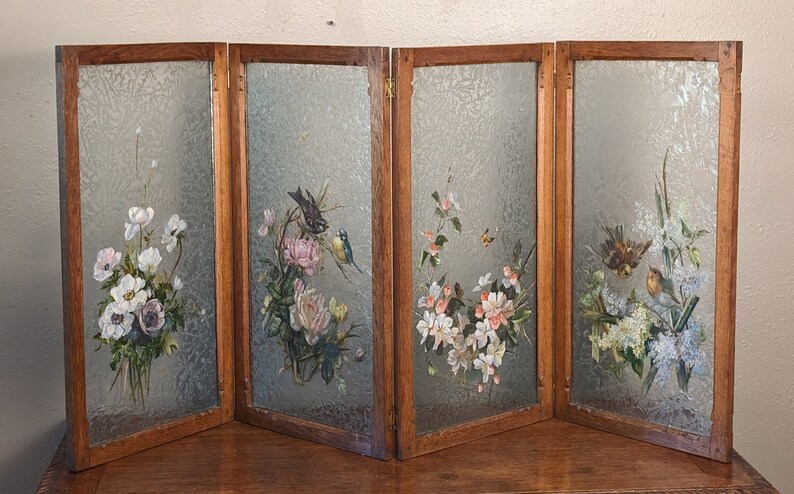 Antique Hand Painted Four Panel Window Screen Floral, Birds, Dated 1925 ...