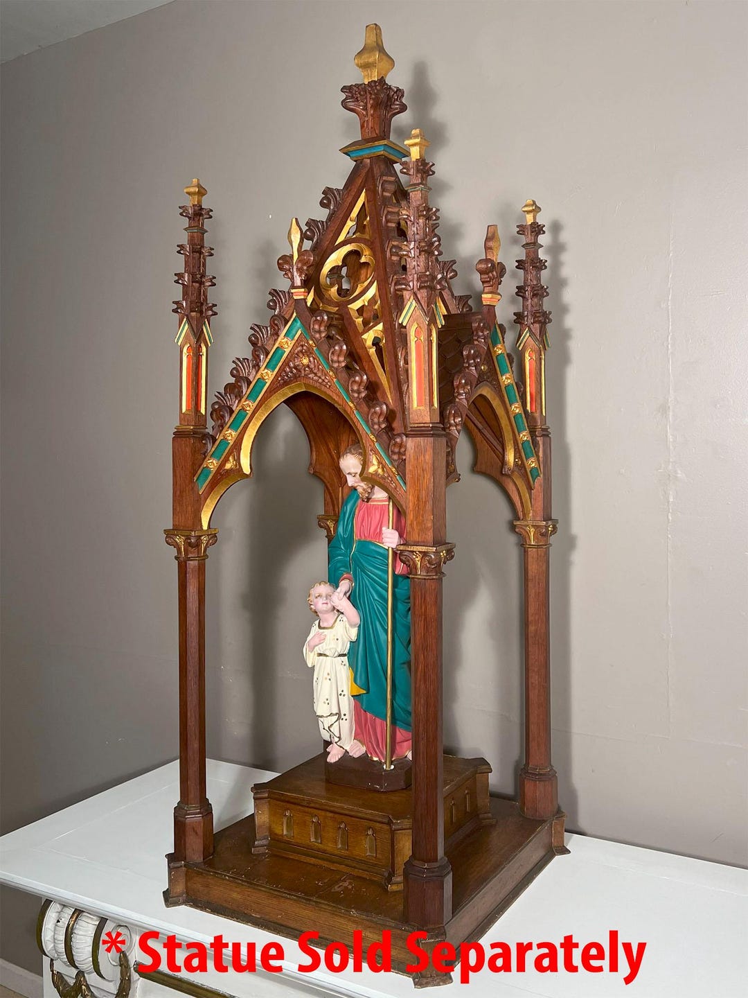 6' Antique French Gothic Shrine Niche Statue Pedestal Gilded Painted ...