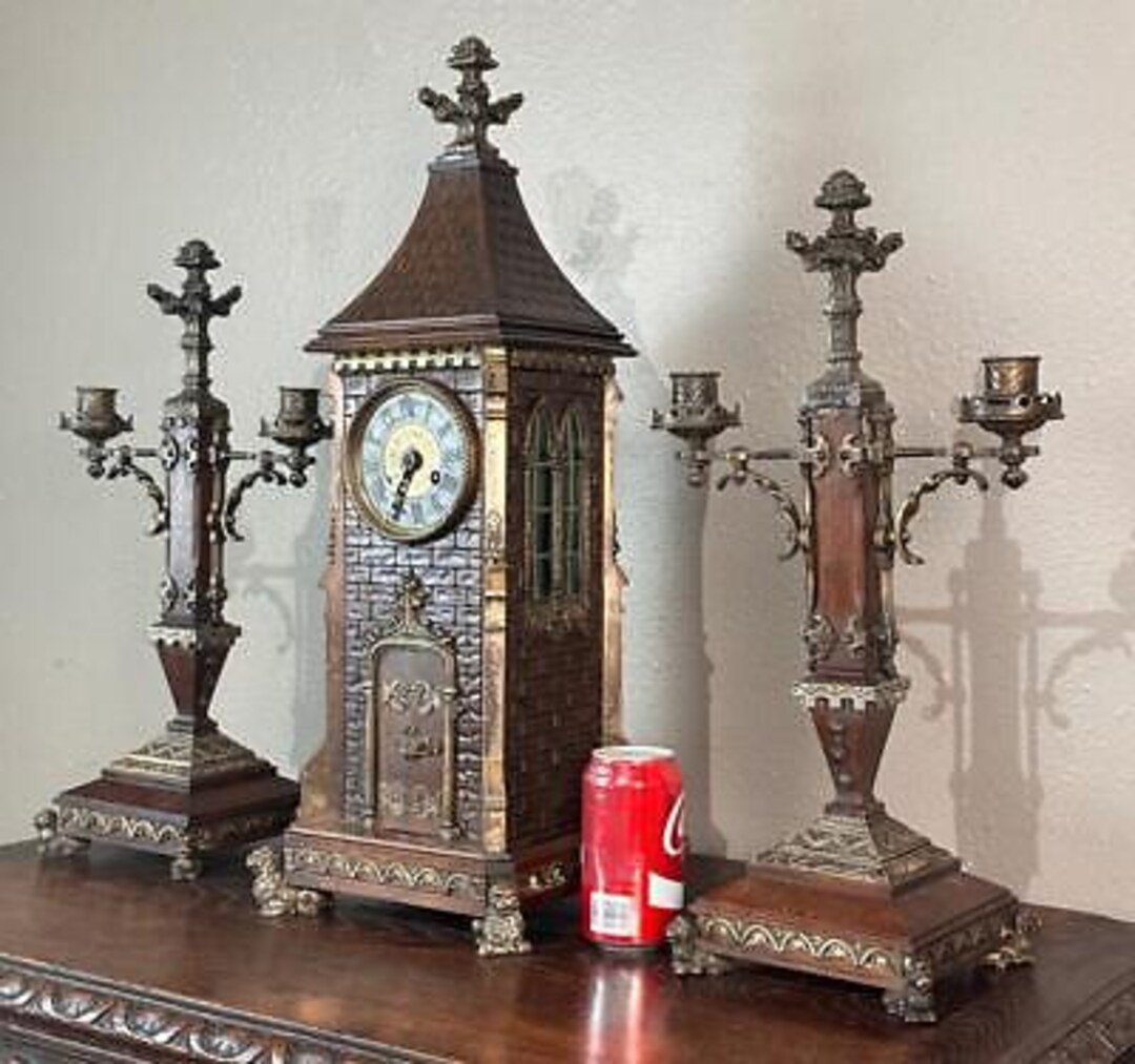 French Antique Bronze & Walnut Wood Gothic Revival Clock With ...