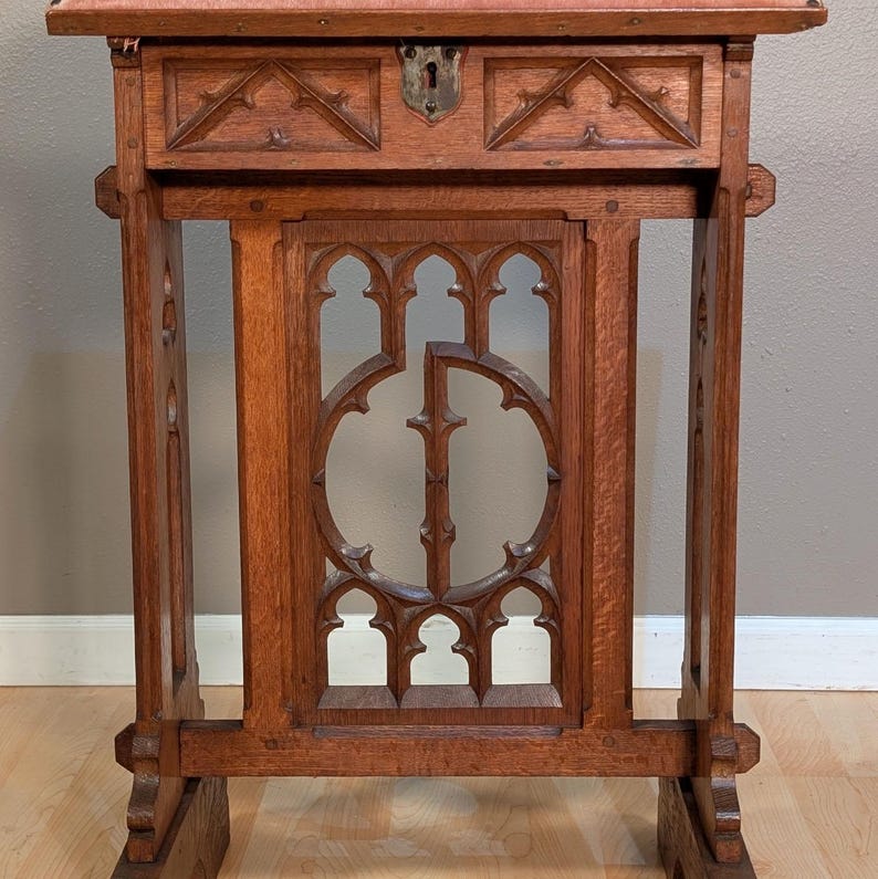 Antique Gothic Oak Prie Dieu Prayer Kneeler W Shelf & Upholstered ...