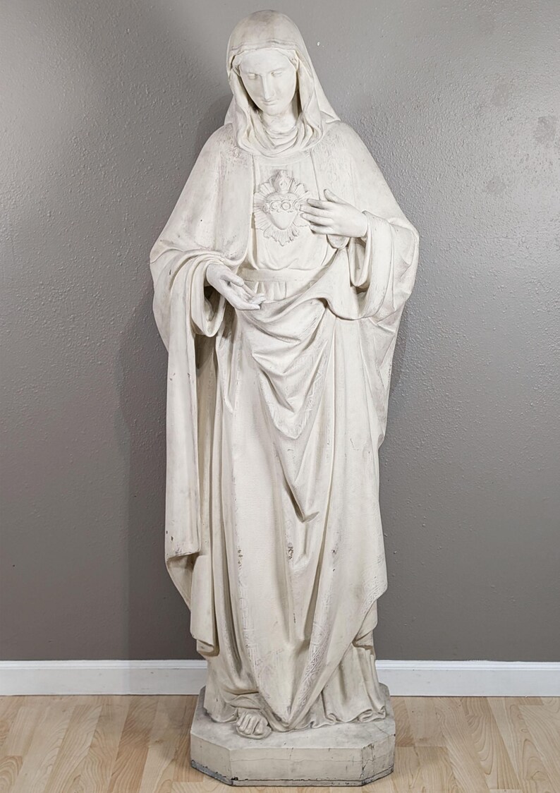 Pair of 61" Tall Belgian Antique Plaster Statues of Sacred Heart Mary ...