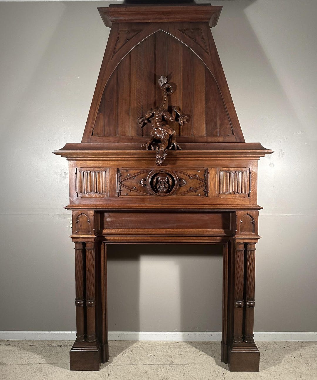 Antique French Gothic Walnut Wood Fireplace Surround Mantel W/ Dragon ...