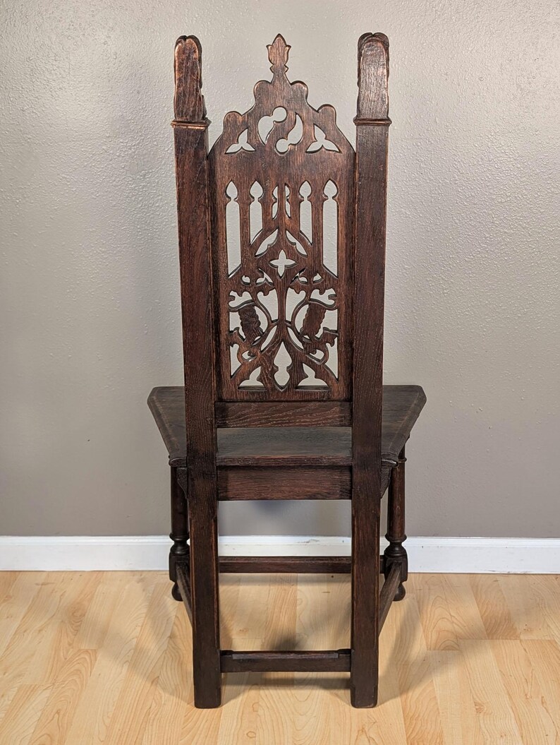 Antique Gothic Oak Chair Lion Finials Carved Grapevine Back Priest's ...