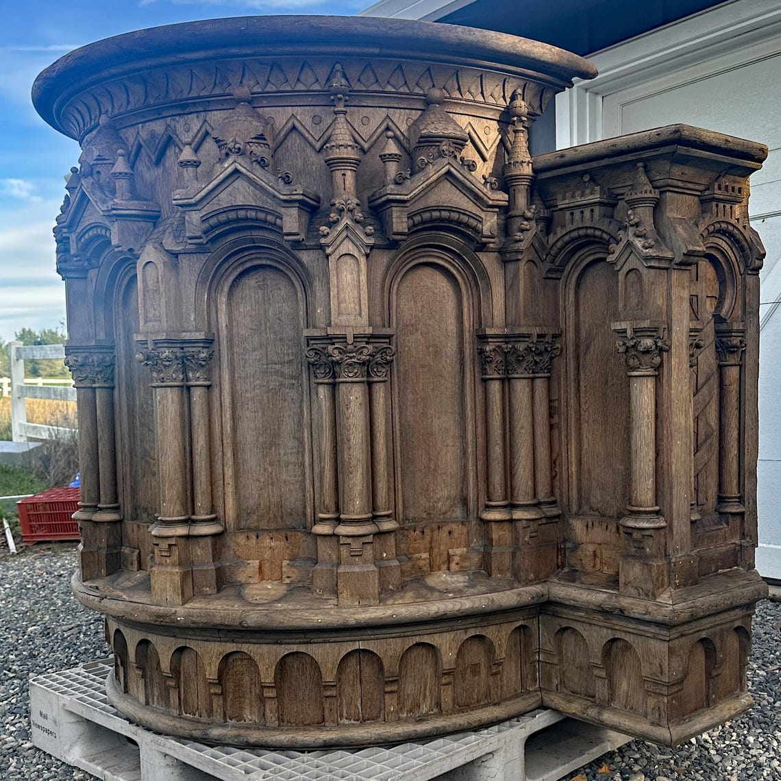 Antique Gothic Revival Church Pulpit, Unfinished Solid Oak Ready for ...