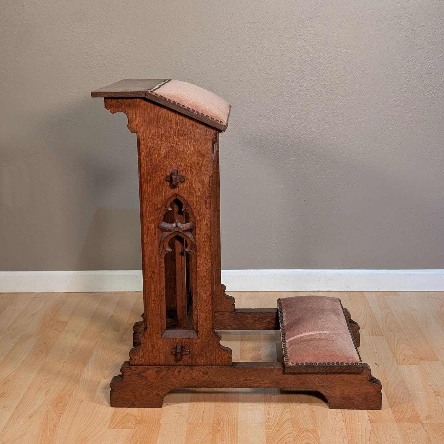 Antique Gothic Oak Prie Dieu Prayer Kneeler W Shelf & Upholstered ...