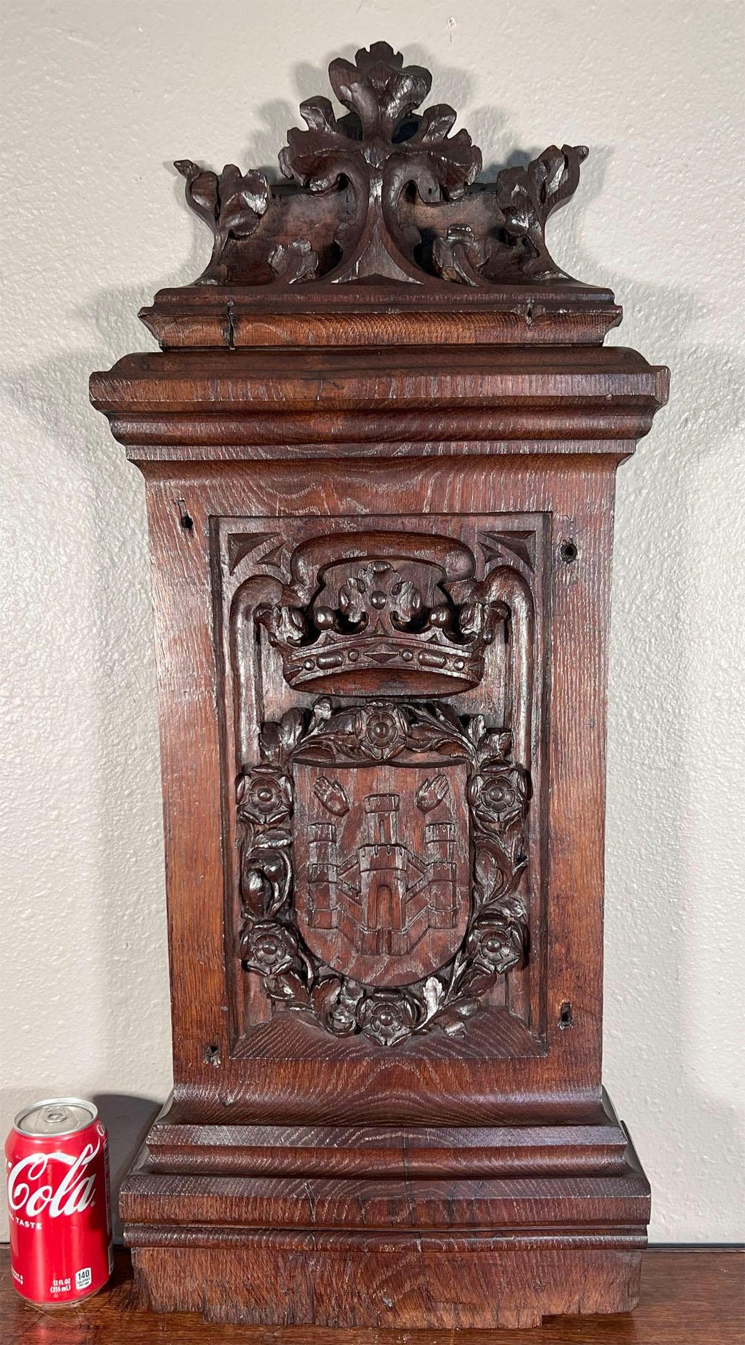 Antique Gothic Carved Oak Wall Plaque Panel Heraldic Crest With Crown ...