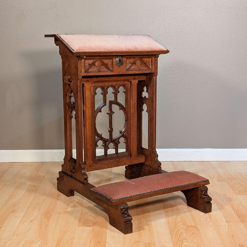 Antique Gothic Oak Prie Dieu Prayer Kneeler W Shelf & Upholstered ...