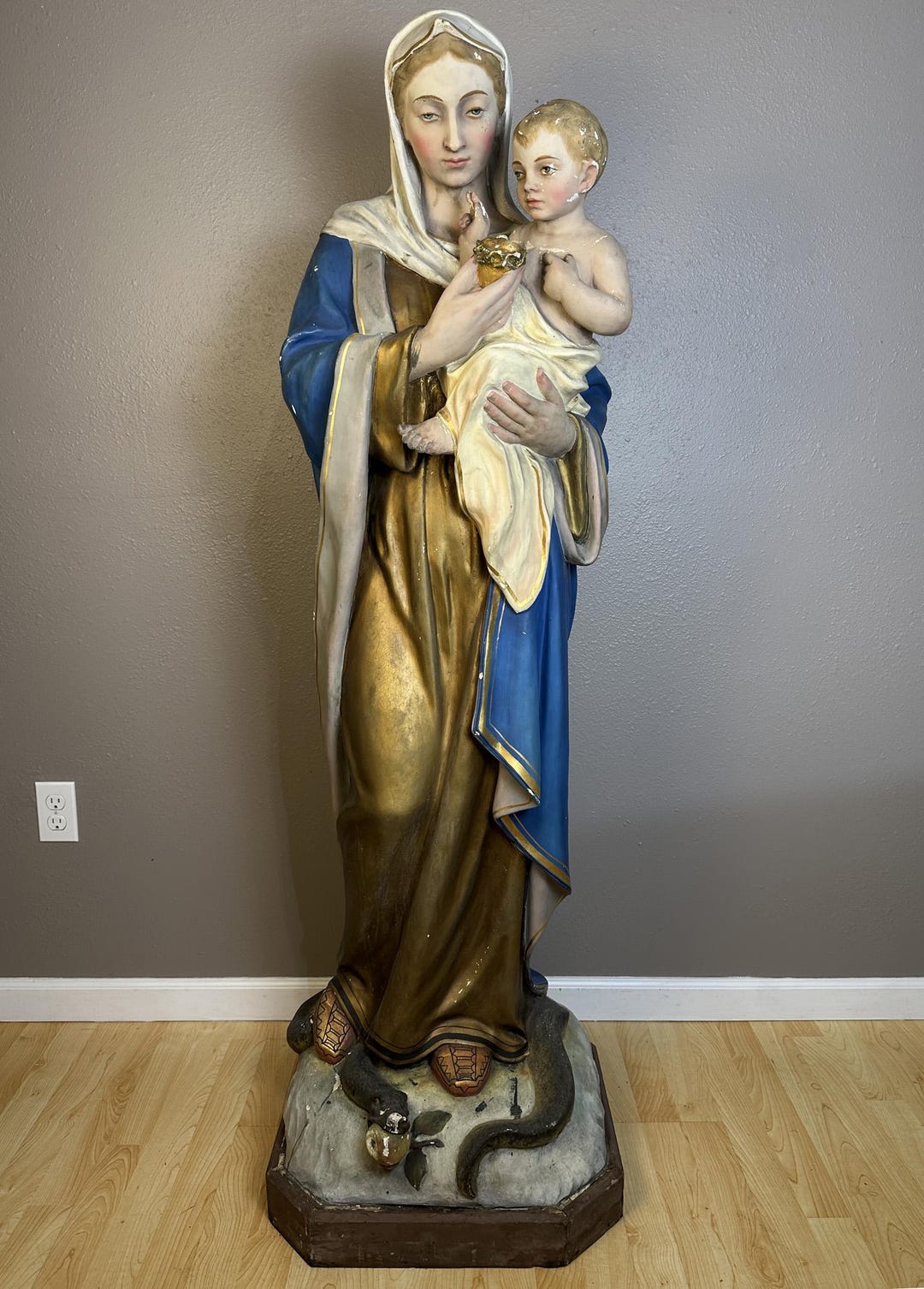 63" Antique Plaster Statue/sculpture of Mother Mary, Jesus Crushing ...