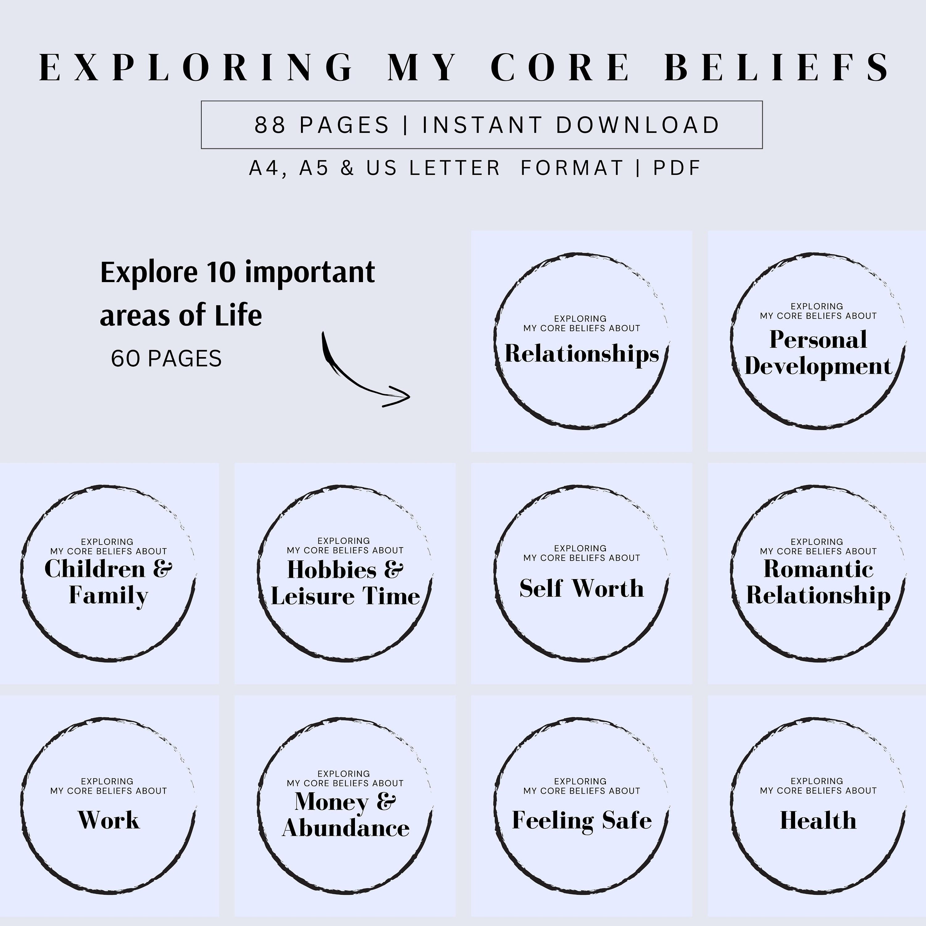 Discover Your Core Beliefs Workbook, Identify Core Beliefs Worksheets, Self Discovery, Challenge ...