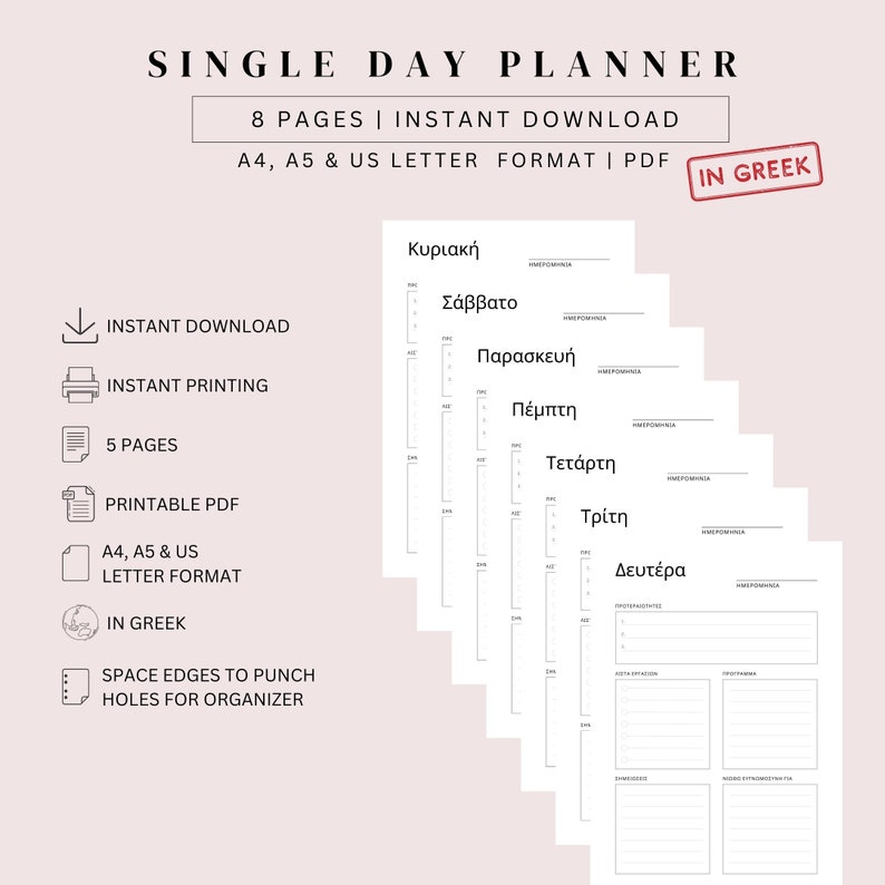 Printable Day Planner, Monday to Sunday Single Page Daily Planner ...