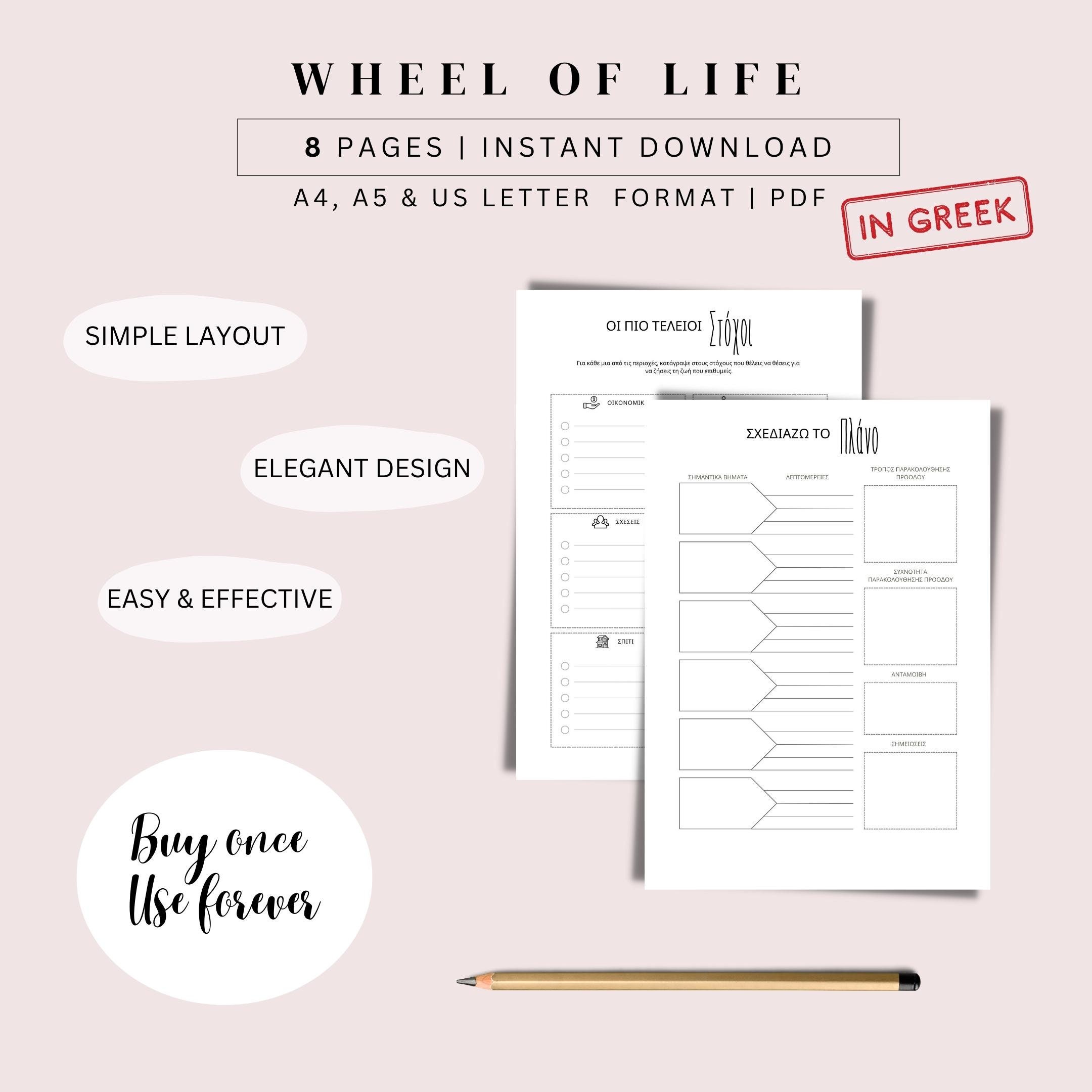 Wheel of Life Worksheets in GREEK, Self-improvement Printables ...