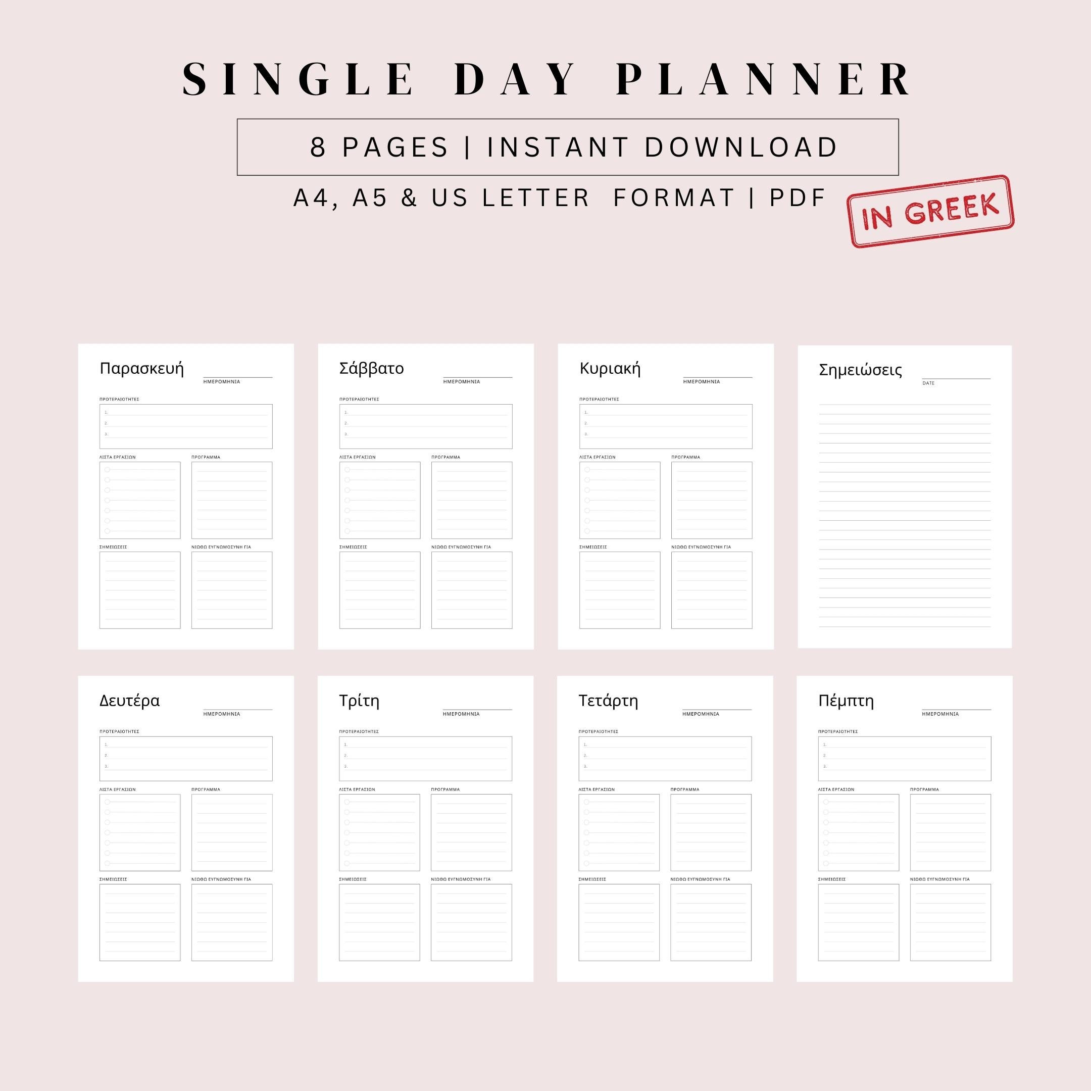 Printable Day Planner, Monday to Sunday Single Page Daily Planner ...