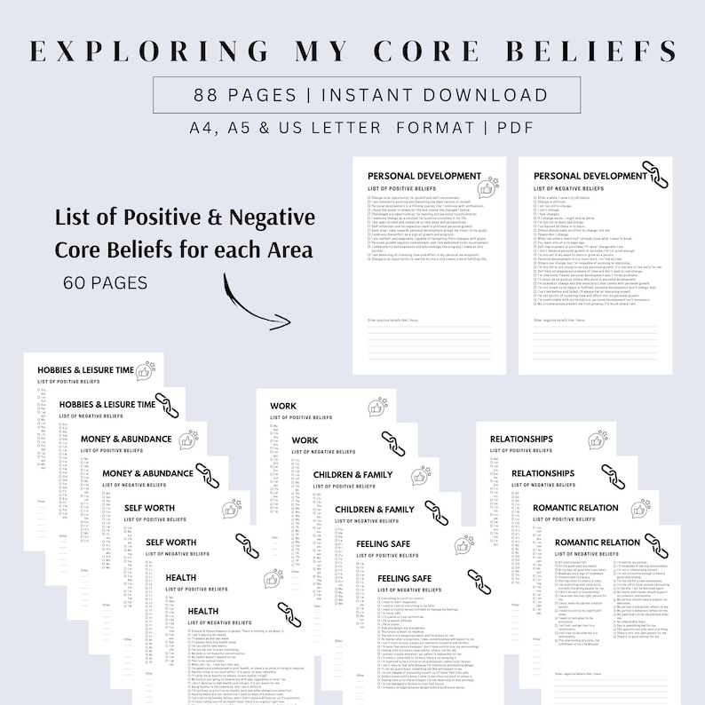Discover Your Core Beliefs Workbook, Identify Core Beliefs Worksheets, Self Discovery, Challenge ...