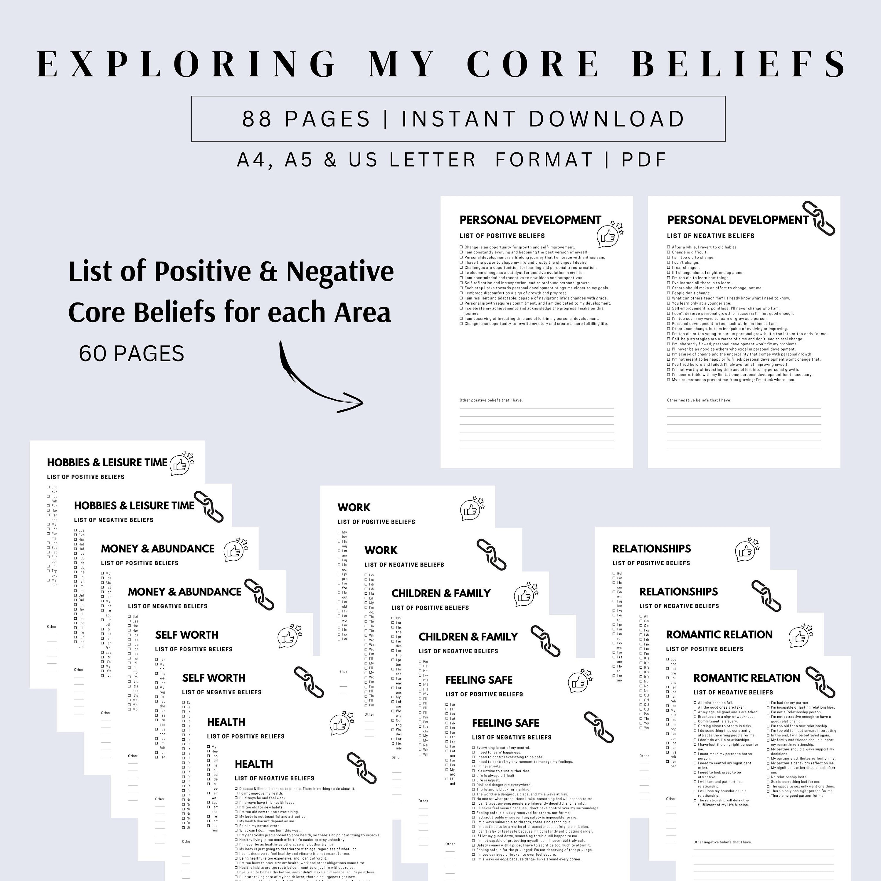 Discover Your Core Beliefs Workbook, Identify Core Beliefs Worksheets, Self Discovery, Challenge ...