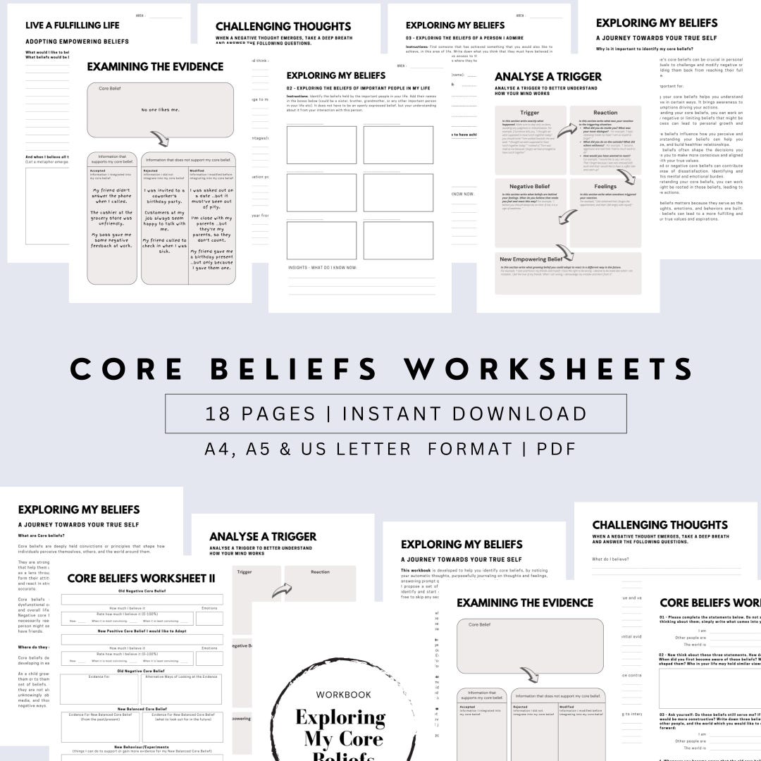 Core Beliefs Worksheets | Challenge Your Thoughts, Self-discovery ...