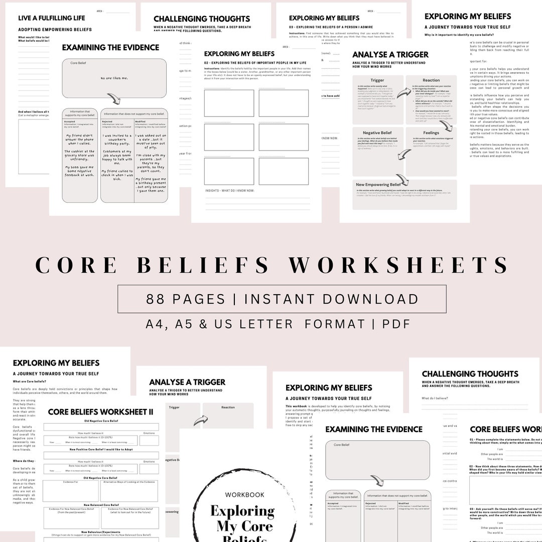 Core Beliefs Worksheets Identify Core Beliefs Self - Etsy Canada