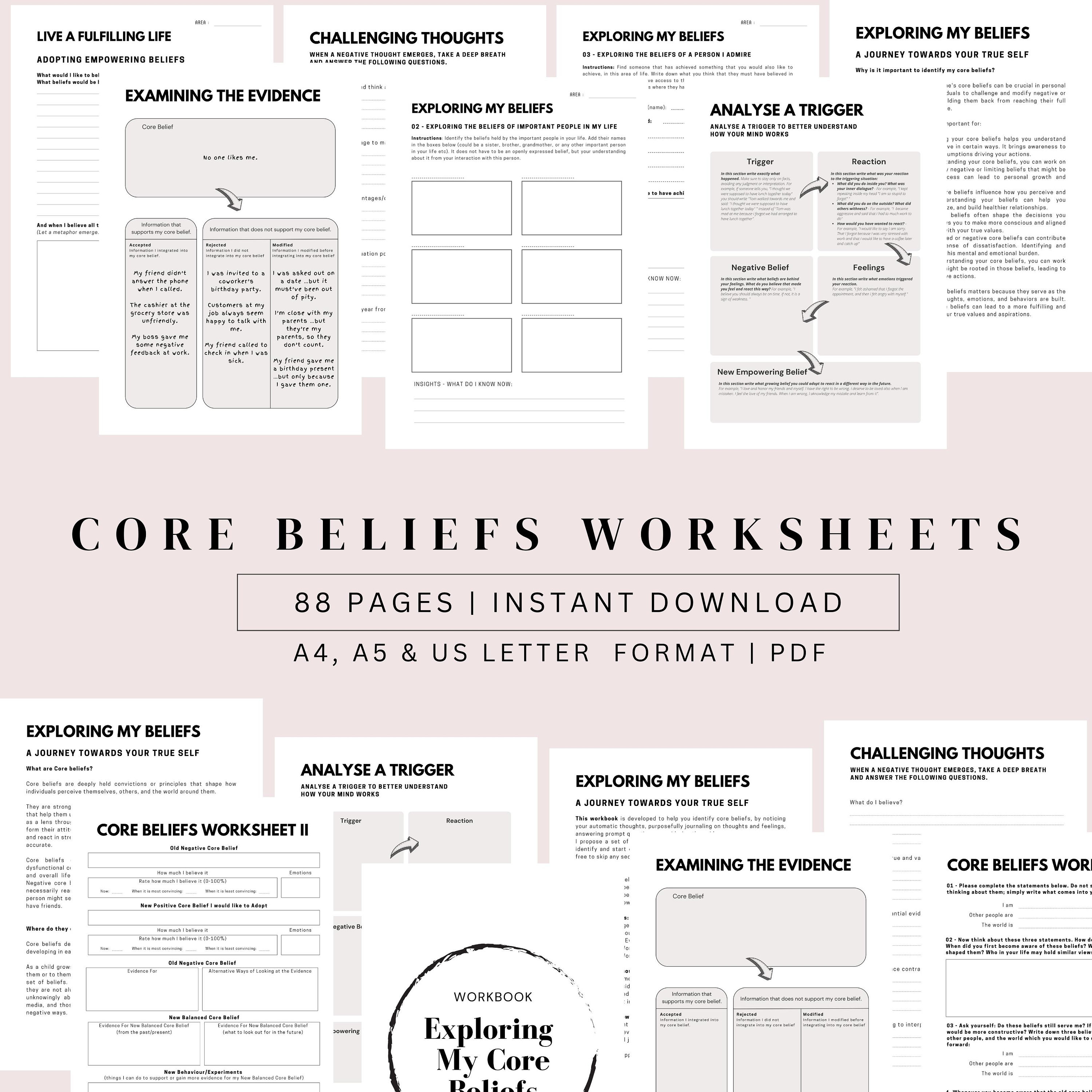 Core Beliefs Worksheets Identify Core Beliefs Self - Etsy Canada