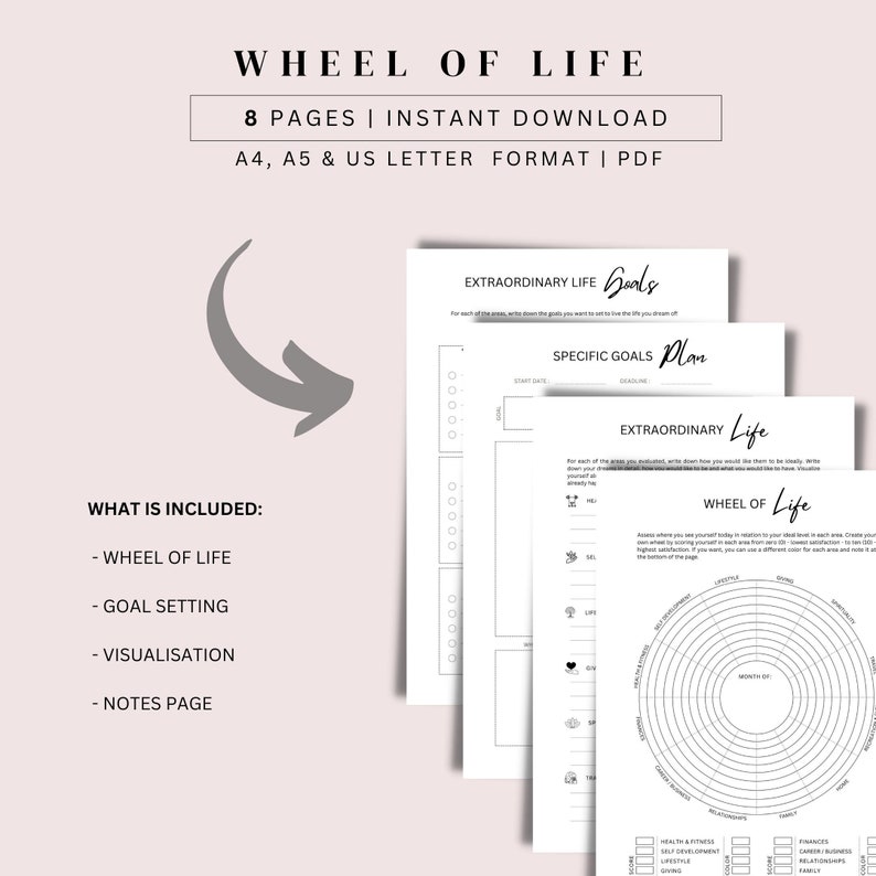 Wheel of Life Worksheets, Life Goals, Personal Goals Workbook, Instant ...