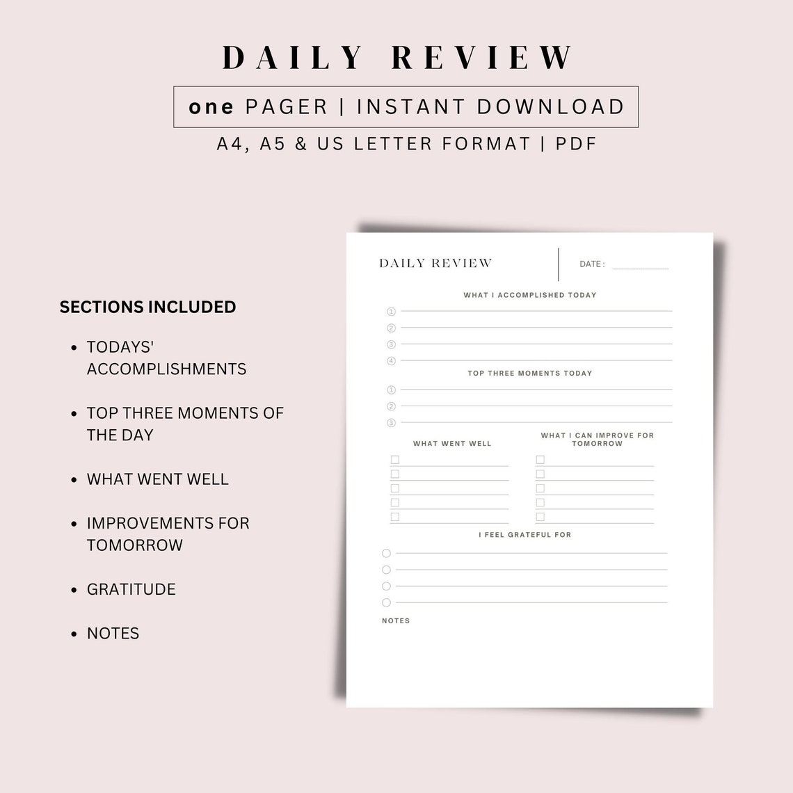 Daily Review Printable: Gratitude Journal, Reflection Pages (PDF) - Etsy
