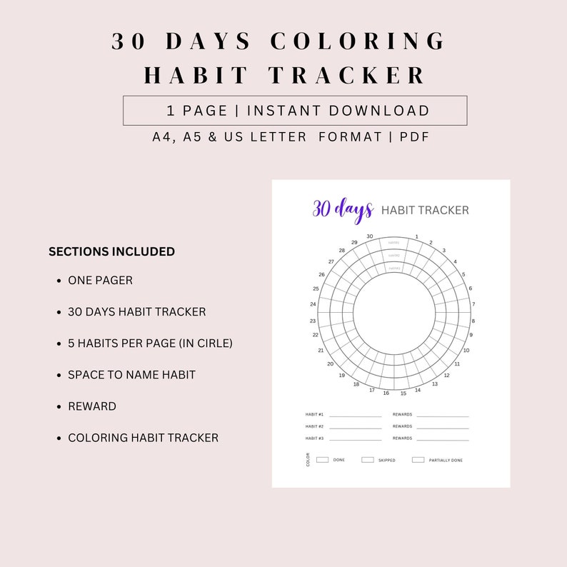 Habit Tracker Printable, Routine Tracker, 30 Day Coloring Challenge ...
