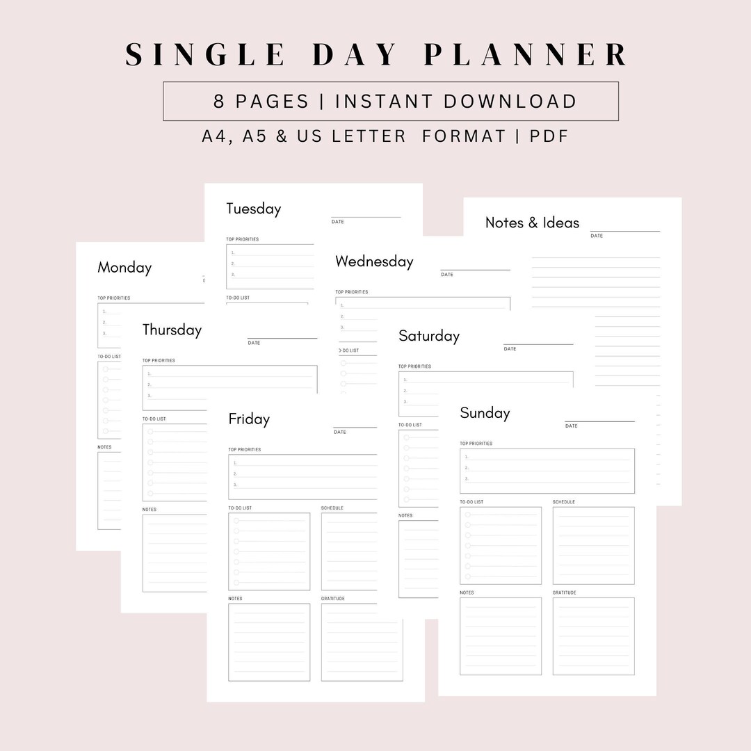 Printable Day Planner, Monday to Sunday Single Page Daily Planner ...