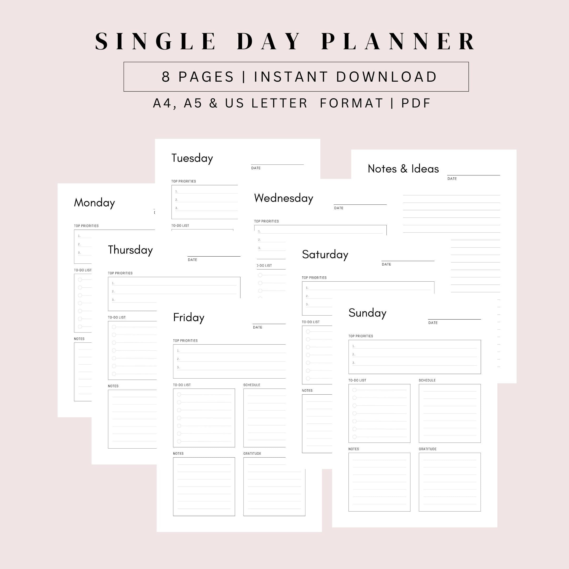 Printable Day Planner, Monday to Sunday Single Page Daily Planner ...